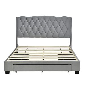 Polibi Queen Size Upholstered Platform Bed,Queen Bed Frame with Tufted Headboard and 3 Drawers, No Box Spring Needed,Velvet Fabric,Gray