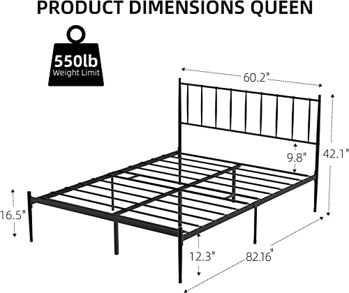 IDEALHOUSE Metal Bed Frame Queen with Headboard, 14 Inch Bed Frame Queen Size, Queen Size Heavy Duty Bed Base with Metal Steel Slats Support, No Box Spring Needed, Black