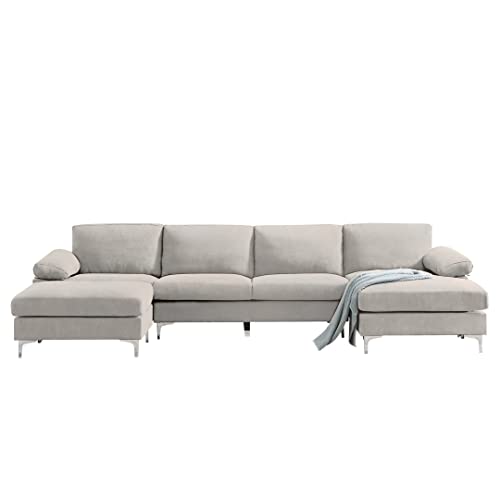 Eafurn U-Shaped Sectional w/Reversible Chaise Lounge and Ottoman, 128.3”5-Seater Convertible Corner Modern Design Comfy Sofa & Couch for Living Room Office, Light Grey