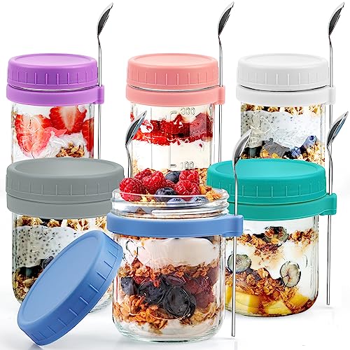 ZIJUND Overnight Oats Containers with Lid and Spoon, 16 oz & 10 oz Glass Mason Overnight Oats Jars, 2 Large & 2 Small Family Sharing, Airtight Jars for Salad, Cereal, Fruit (6 Pack)