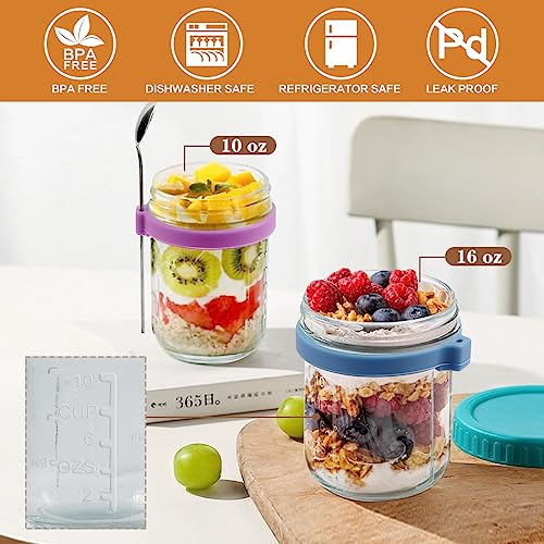 ZIJUND Overnight Oats Containers with Lid and Spoon, 16 oz & 10 oz Glass Mason Overnight Oats Jars, 2 Large & 2 Small Family Sharing, Airtight Jars for Salad, Cereal, Fruit (6 Pack)