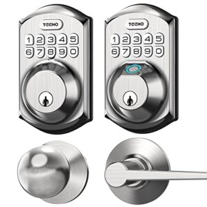 teeho fingerprint door lock with 2 lever handles, keyless entry door lock with handle, electronic keypad deadbolt front door lock set with auto lock and 1 touch locking, satin nickel