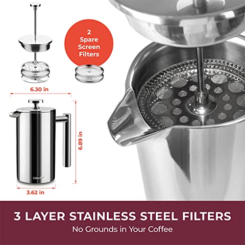 Mueller Stainless Steel French Press Coffee Maker 20 oz, 3 Level Filtration System, No Coffee Grounds, Rust-Free, Dishwasher Safe