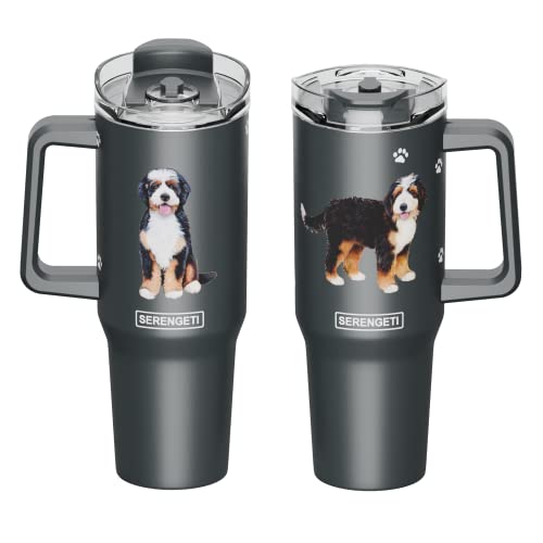 SERENGETI 40 Oz Ultimate Tumbler with Handle and Straw - Vacuum Insulated Tumbler with Straw and Lid - Stainless Steel Travel Mug for Pet Lovers - 3D Designs of your favorite Dog (Bernadoodle)