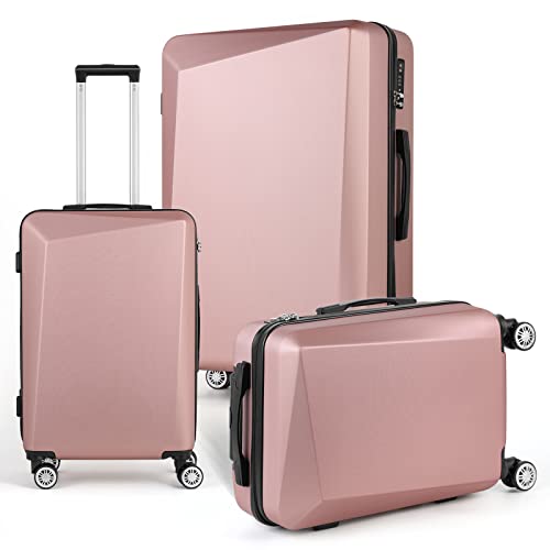 PINPON 3 Piece Luggage Sets, Hard Luggage Sets with TSA Lock, Carry On Luggage with Double Spinner Wheels for Women Men, Travel Suitcase Lightweight (20/24 / 28, Rosegold)