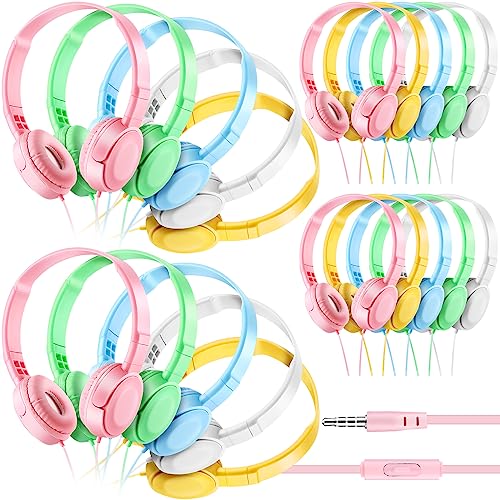 Kanayu 20 Pcs Classroom Headphones Bulk On Ear 3.5mm Wired Headphones for School Macaron Kids Wired Headphones Bulk Adjustable Multi Color Headphones for Kids Adults School Library Computers, 5 Colors