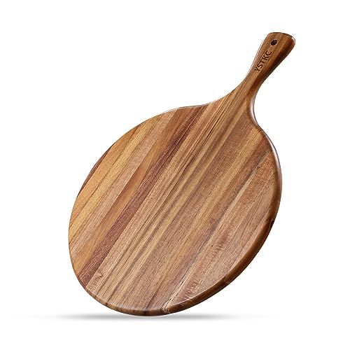 YSTKC Acacia Wood Round Cutting Board with Handle 16" x 12" Inch, Wooden Round Pizza Paddle, Cutting Serving Versatile Board for Kitchen Home Baking, Cheese, Fruits, Vegetables, Bread, Charcuterie