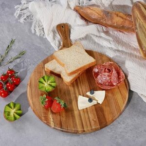 YSTKC Acacia Wood Round Cutting Board with Handle 16" x 12" Inch, Wooden Round Pizza Paddle, Cutting Serving Versatile Board for Kitchen Home Baking, Cheese, Fruits, Vegetables, Bread, Charcuterie