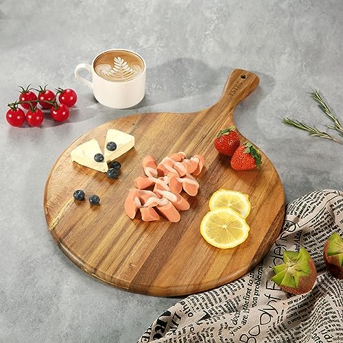 YSTKC Acacia Wood Round Cutting Board with Handle 16" x 12" Inch, Wooden Round Pizza Paddle, Cutting Serving Versatile Board for Kitchen Home Baking, Cheese, Fruits, Vegetables, Bread, Charcuterie