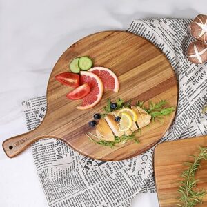 YSTKC Acacia Wood Round Cutting Board with Handle 16" x 12" Inch, Wooden Round Pizza Paddle, Cutting Serving Versatile Board for Kitchen Home Baking, Cheese, Fruits, Vegetables, Bread, Charcuterie