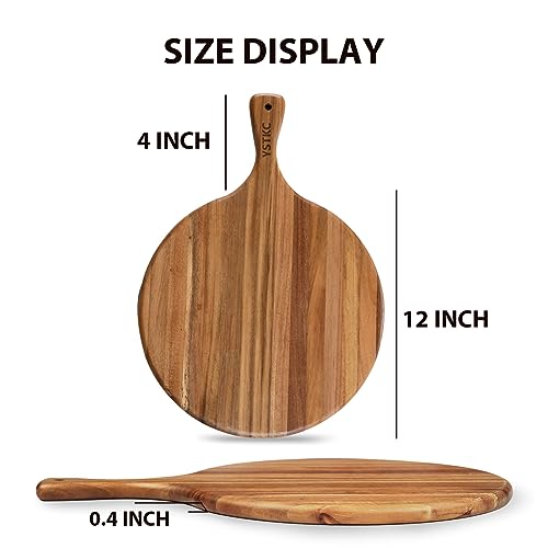 YSTKC Acacia Wood Round Cutting Board with Handle 16" x 12" Inch, Wooden Round Pizza Paddle, Cutting Serving Versatile Board for Kitchen Home Baking, Cheese, Fruits, Vegetables, Bread, Charcuterie