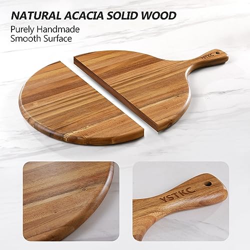 YSTKC Acacia Wood Round Cutting Board with Handle 16" x 12" Inch, Wooden Round Pizza Paddle, Cutting Serving Versatile Board for Kitchen Home Baking, Cheese, Fruits, Vegetables, Bread, Charcuterie