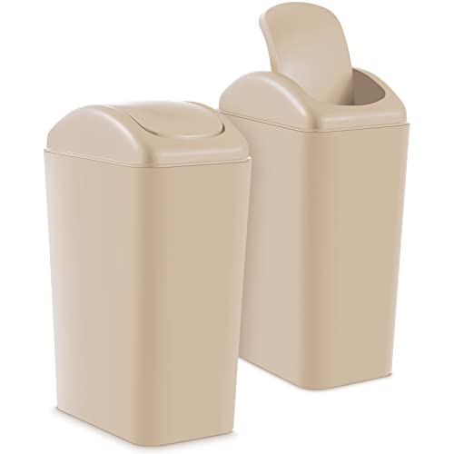 Hoolerry 2 Pcs 3 Gallon Plastic Kitchen Garbage Can Slim Kitchen Trash Can with Lid Small Trash Bin with Swing Lid for Bathroom Office Bedroom Kitchen Waste Outdoor, 5.6 x 9.1 x 16.1 Inches (Beige)