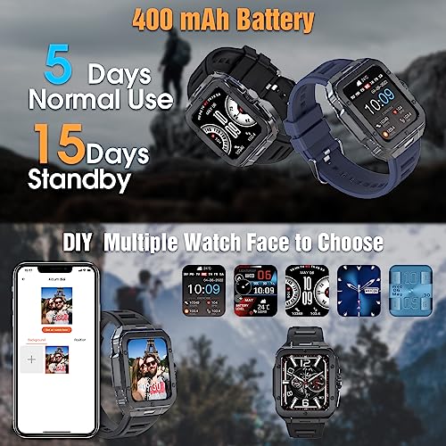 Smart Watches for Men,1.85" Military Smartwatch Bluetooth Call(Answer/Dial Calls) Fitness Tracker,Waterproof Rugged Smart Watch with Heart Rate Monitor,Extra-Long Battery