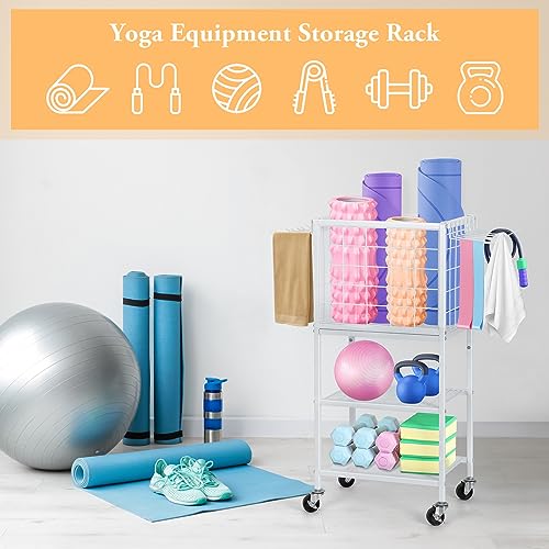 Home Gym Storage Rack, Workout Equipment Storage, Weight Rack for Dumbbells, Yoga Mat Storage Rack, Exercise Equipment Storage with Hooks Gym Organizers with Wheels for Yoga Block, Resistance Band, White