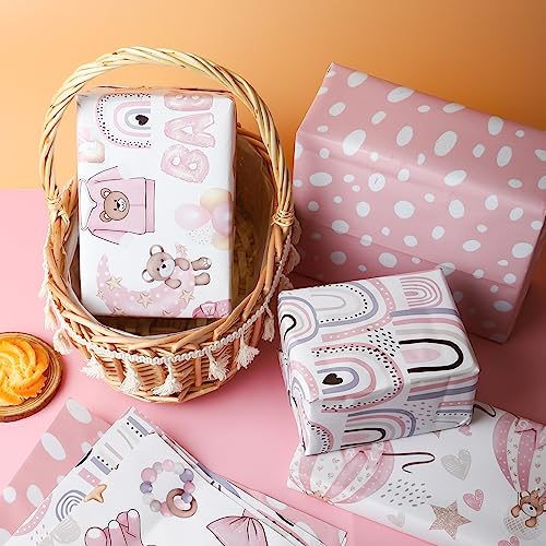 Dtiafu Baby Shower Wrapping Paper for Baby Girl - 12 Sheets Pink Gift Wrap with Baby Feet Bear Unicorn Rainbow Princess Shoes Designs - 20 x 28inch Per Sheet