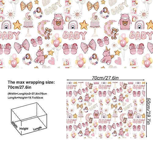 Dtiafu Baby Shower Wrapping Paper for Baby Girl - 12 Sheets Pink Gift Wrap with Baby Feet Bear Unicorn Rainbow Princess Shoes Designs - 20 x 28inch Per Sheet