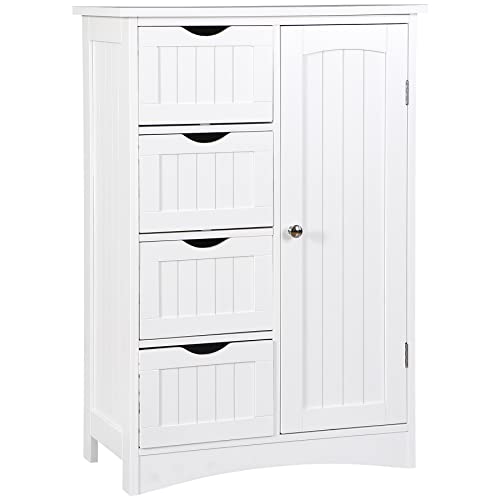 SUPER DEAL Freestanding Bathroom Floor Storage Cabinet with 4 Drawers and Adjustable Shelves, Living Room Entryway Home Furniture Storage Organizer Unit, White¡­