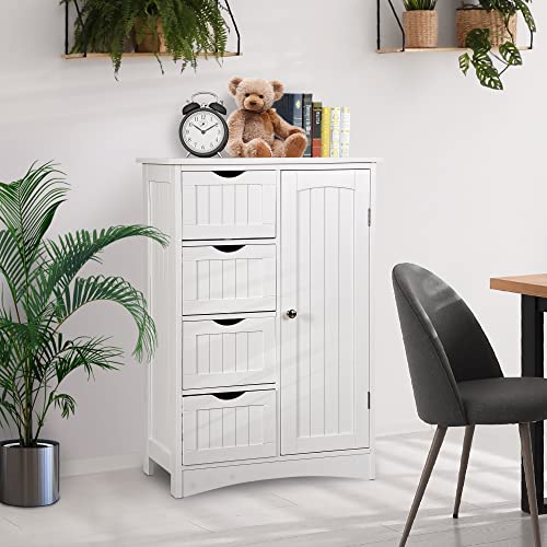 SUPER DEAL Freestanding Bathroom Floor Storage Cabinet with 4 Drawers and Adjustable Shelves, Living Room Entryway Home Furniture Storage Organizer Unit, White¡­