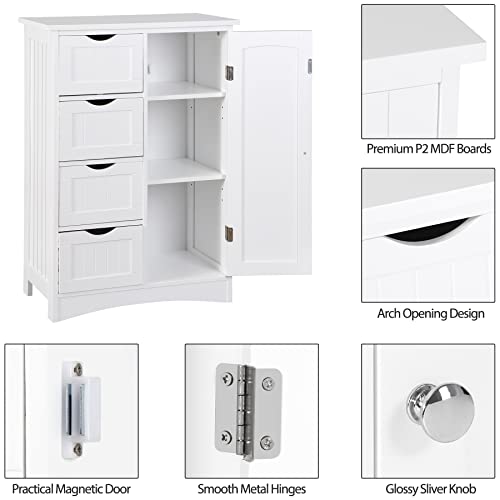 SUPER DEAL Freestanding Bathroom Floor Storage Cabinet with 4 Drawers and Adjustable Shelves, Living Room Entryway Home Furniture Storage Organizer Unit, White¡­