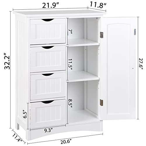 SUPER DEAL Freestanding Bathroom Floor Storage Cabinet with 4 Drawers and Adjustable Shelves, Living Room Entryway Home Furniture Storage Organizer Unit, White¡­