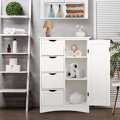 SUPER DEAL Freestanding Bathroom Floor Storage Cabinet with 4 Drawers and Adjustable Shelves, Living Room Entryway Home Furniture Storage Organizer Unit, White¡­