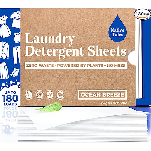 Laundry Detergent Sheets Travel Nativ Tales, Laundry Sheets Detergent with Easily Dissolved of Zero Plastic Waste and Exclusive Formula for Sensitive Skin, 180 Loads- Ocean Breeze Scent