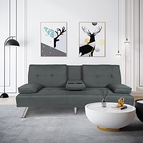 Modern Futon Sofa Loveseat Convertible Sleeper Couch Bed Daybed Loveseat, Folding Recliner with 2 Cup Holders, Metal Legs, Removable Soft Pillow-Top Armrest for Living Room Furniture Sets