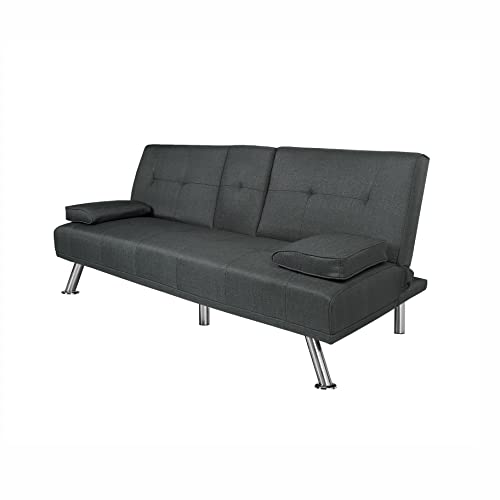 Modern Futon Sofa Loveseat Convertible Sleeper Couch Bed Daybed Loveseat, Folding Recliner with 2 Cup Holders, Metal Legs, Removable Soft Pillow-Top Armrest for Living Room Furniture Sets