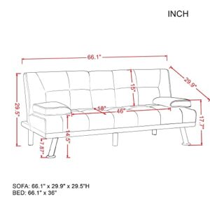 Modern Futon Sofa Loveseat Convertible Sleeper Couch Bed Daybed Loveseat, Folding Recliner with 2 Cup Holders, Metal Legs, Removable Soft Pillow-Top Armrest for Living Room Furniture Sets