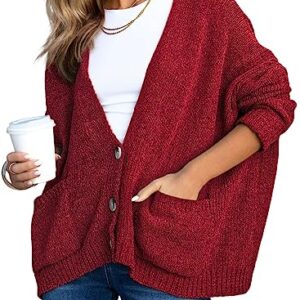 Sidefeel Fall Sweaters for Women 2023 Long Sleeve V Neck Button Bown Open Front Casual Oversized Chunky Knit Pullover Sweaters Medium Burgundy