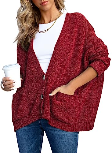 Sidefeel Fall Sweaters for Women 2023 Long Sleeve V Neck Button Bown Open Front Casual Oversized Chunky Knit Pullover Sweaters Medium Burgundy