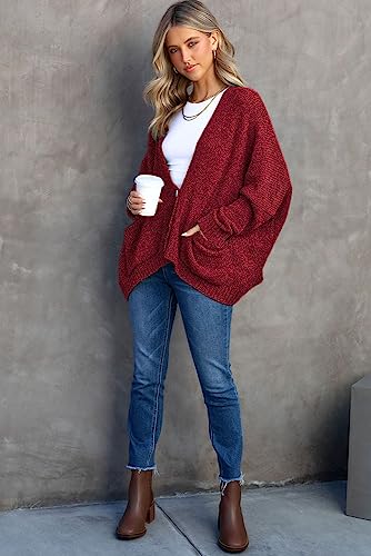 Sidefeel Fall Sweaters for Women 2023 Long Sleeve V Neck Button Bown Open Front Casual Oversized Chunky Knit Pullover Sweaters Medium Burgundy