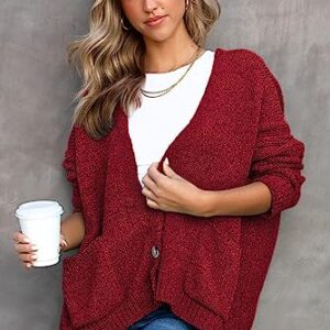 Sidefeel Fall Sweaters for Women 2023 Long Sleeve V Neck Button Bown Open Front Casual Oversized Chunky Knit Pullover Sweaters Medium Burgundy