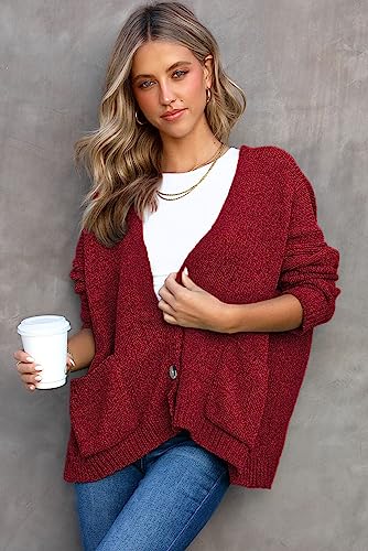 Sidefeel Fall Sweaters for Women 2023 Long Sleeve V Neck Button Bown Open Front Casual Oversized Chunky Knit Pullover Sweaters Medium Burgundy