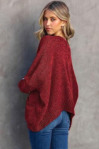 Sidefeel Fall Sweaters for Women 2023 Long Sleeve V Neck Button Bown Open Front Casual Oversized Chunky Knit Pullover Sweaters Medium Burgundy