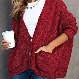 Sidefeel Fall Sweaters for Women 2023 Long Sleeve V Neck Button Bown Open Front Casual Oversized Chunky Knit Pullover Sweaters Medium Burgundy