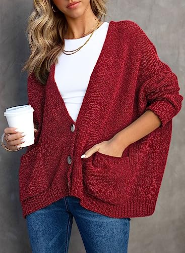 Sidefeel Fall Sweaters for Women 2023 Long Sleeve V Neck Button Bown Open Front Casual Oversized Chunky Knit Pullover Sweaters Medium Burgundy