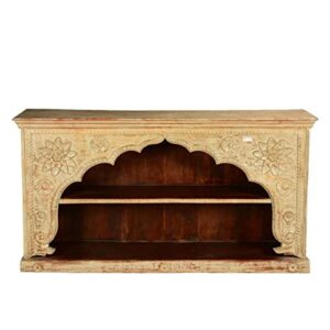 hand carved solid wood 2 open shelf wood wide arched bookshelf,natural finish book shelf, distressed finished boho indian cabinet for living room storage bookshelf