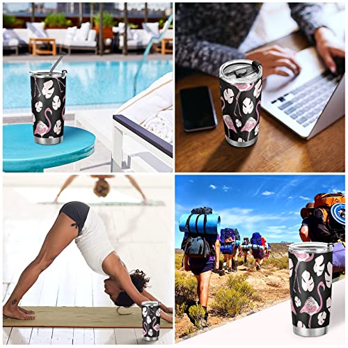 GUIJI Pink Black Flamingo 20oz Stainless Steel Tumbler with Lid and Straw，Vacuum Insulated Water Coffee Tumbler Cup，Sweat-proof Spill-Proof Travel Mug for Hot & Cold Drinks