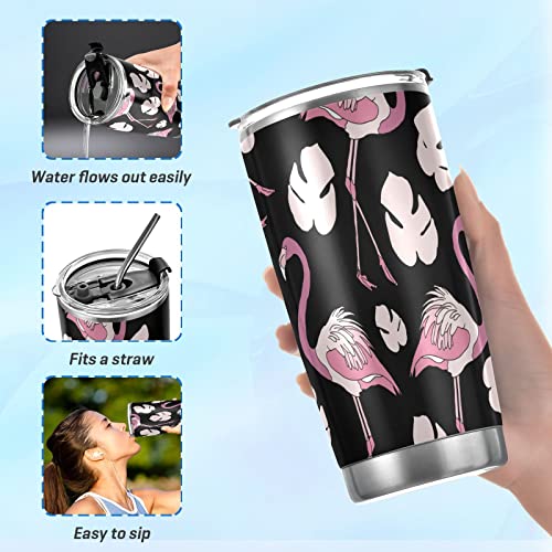 GUIJI Pink Black Flamingo 20oz Stainless Steel Tumbler with Lid and Straw，Vacuum Insulated Water Coffee Tumbler Cup，Sweat-proof Spill-Proof Travel Mug for Hot & Cold Drinks