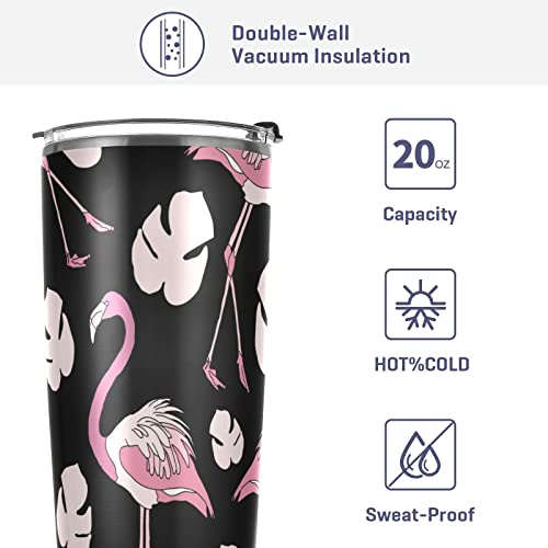 GUIJI Pink Black Flamingo 20oz Stainless Steel Tumbler with Lid and Straw，Vacuum Insulated Water Coffee Tumbler Cup，Sweat-proof Spill-Proof Travel Mug for Hot & Cold Drinks