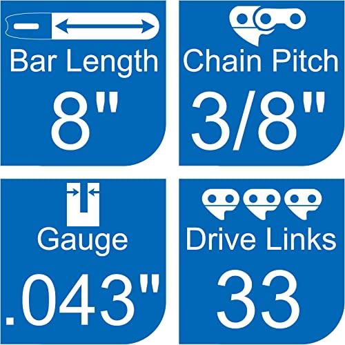 Opuladuo 3PC 8 Inch Replacement Chain for RYOBI P4360 RY43160 P4361, 8 in. Pole Saw Chain for WORX WG349.9 WG349-3/8" - .043" - 33 DL