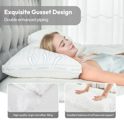 Glaciman Gusseted Bed Pillows Standard Size Set of 2, Hotel Quality Pillows 2 Pack for Side and Back Sleepers, Breathable Cover and Soft Down Alternative Filling,White Piping,20X26 inches