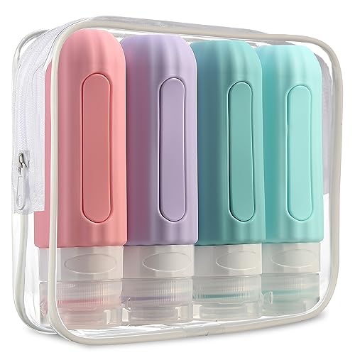 Mrsdry Travel Bottles for Toiletries, TSA Carry On Approved Toiletries Containers, 3 Ounce Leak Proof Squeezable Silicone Tubes, Refillable Travel Accessories for Shampoo Body Wash Liquids (4 Pack)