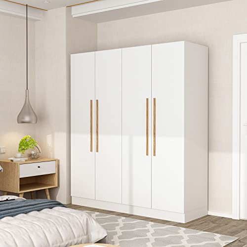 FAMAPY 4 Door Wardrobe Armoires and Wardrobes with Storage Shelevs, Armoire Wardrobe Closet with Hanging Rod, Wooden Handles, Armoire Closet for Bedroom White (63”W x 19.7”D x 70.9”H)