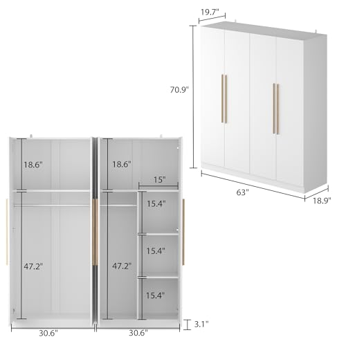 FAMAPY 4 Door Wardrobe Armoires and Wardrobes with Storage Shelevs, Armoire Wardrobe Closet with Hanging Rod, Wooden Handles, Armoire Closet for Bedroom White (63”W x 19.7”D x 70.9”H)