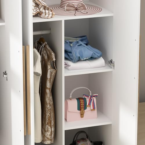 FAMAPY 4 Door Wardrobe Armoires and Wardrobes with Storage Shelevs, Armoire Wardrobe Closet with Hanging Rod, Wooden Handles, Armoire Closet for Bedroom White (63”W x 19.7”D x 70.9”H)