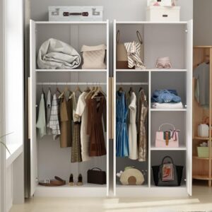 FAMAPY 4 Door Wardrobe Armoires and Wardrobes with Storage Shelevs, Armoire Wardrobe Closet with Hanging Rod, Wooden Handles, Armoire Closet for Bedroom White (63”W x 19.7”D x 70.9”H)