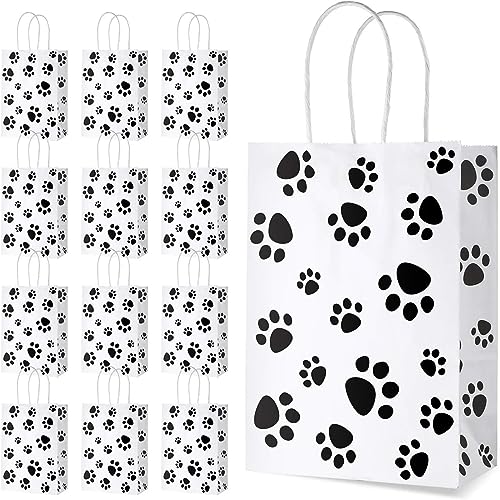 Blulu 50 Pcs Puppy Dog Gift Bag, 6.3 x 3.1 x 8.6 Inch Paw Print Gift Bags with Paper Twist Handles, Paw Print Goodie Bags Dog Treat Bag for Dog Puppy Pet Party Favors Paw Print Party Supplies